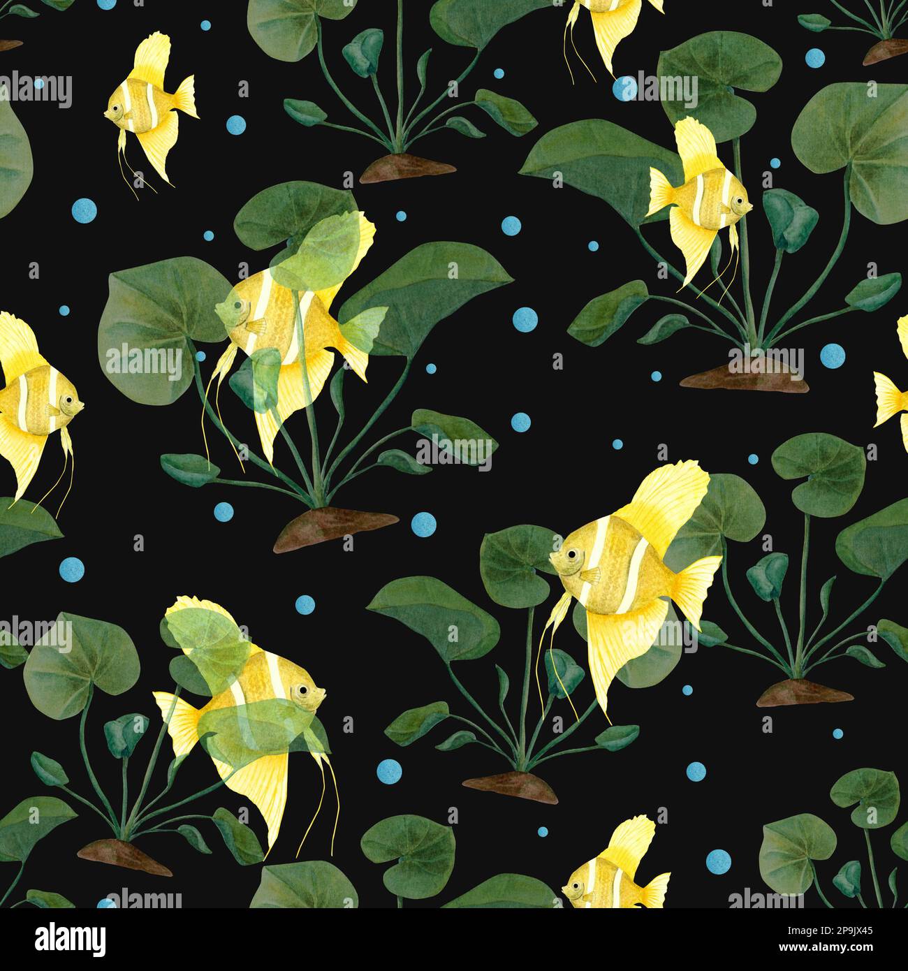 Watercolor seamless pattern of yellow angelfish, seaweeds isolated on ...