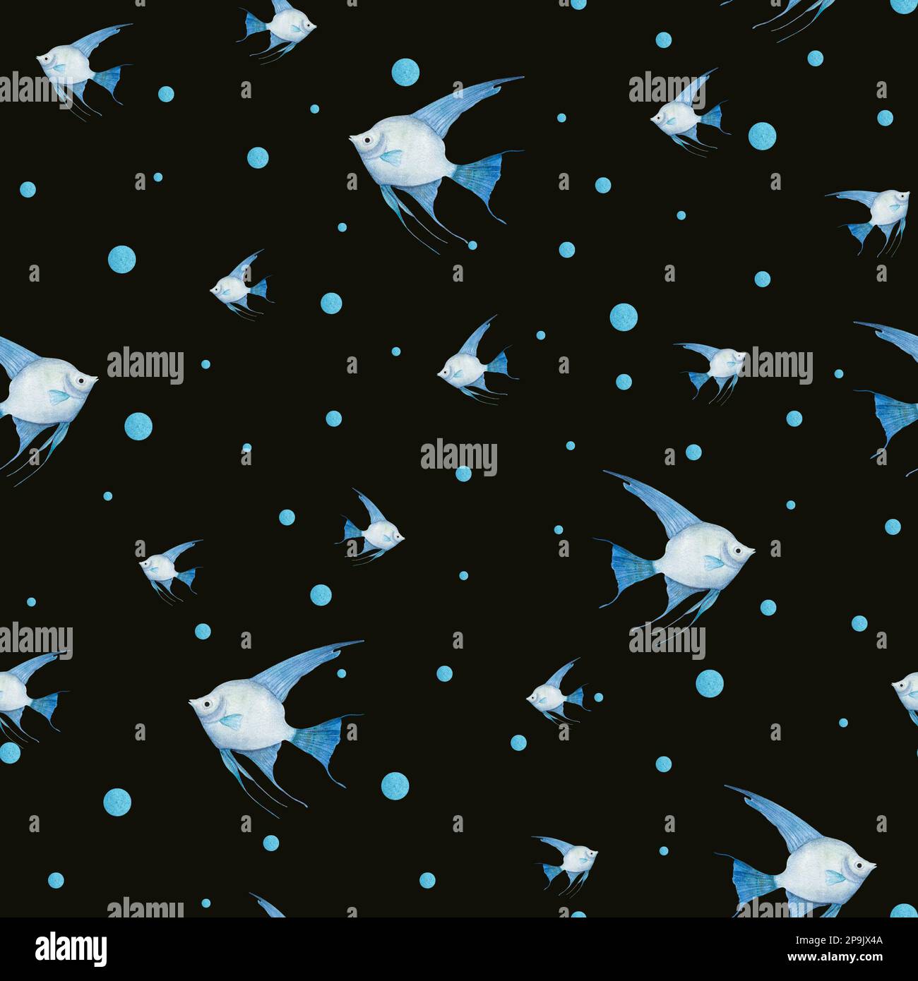 Watercolor seamless pattern of blue angelfish isolated on black ...