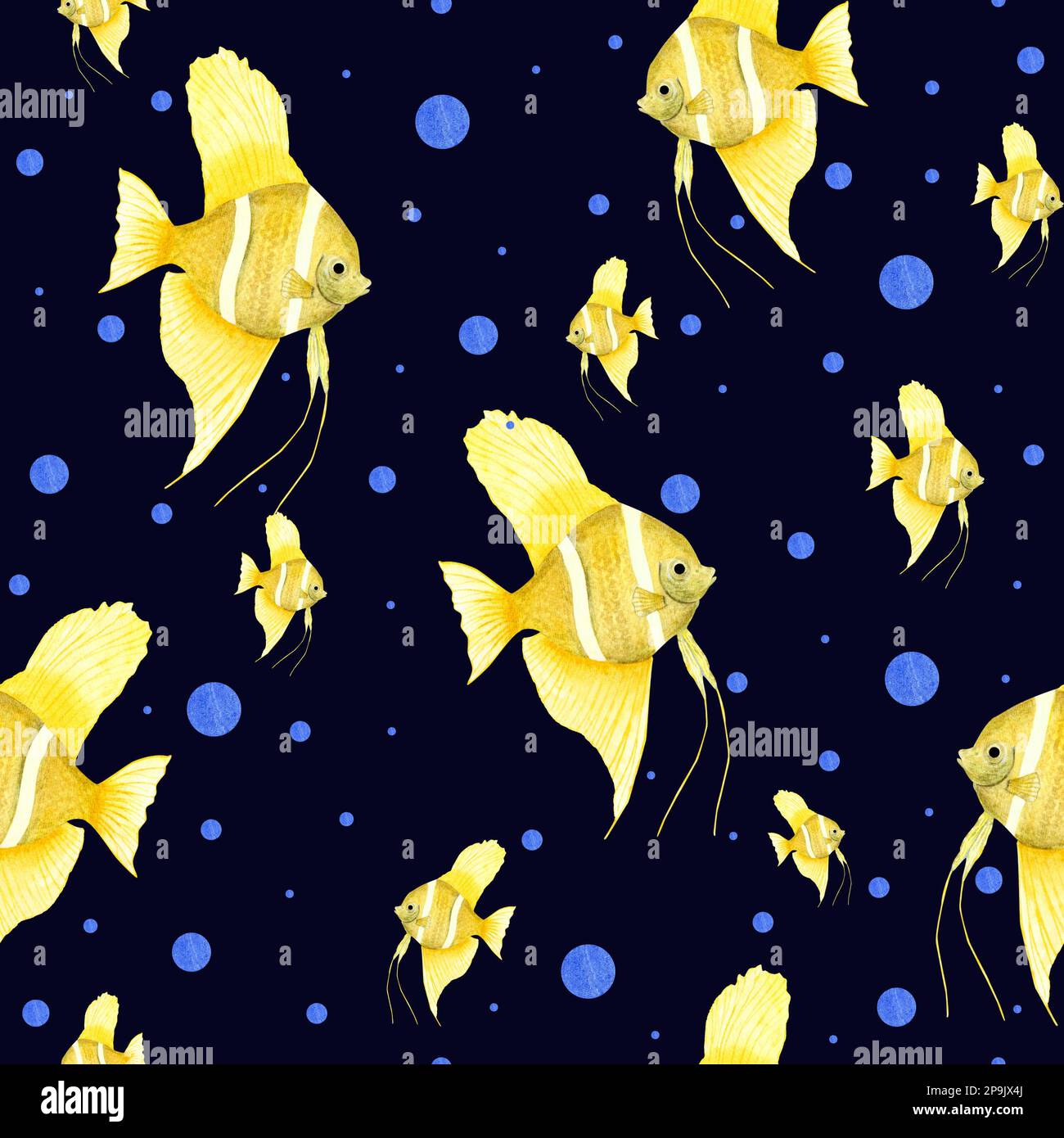 Watercolor seamless pattern of yellow angelfish isolated on black ...