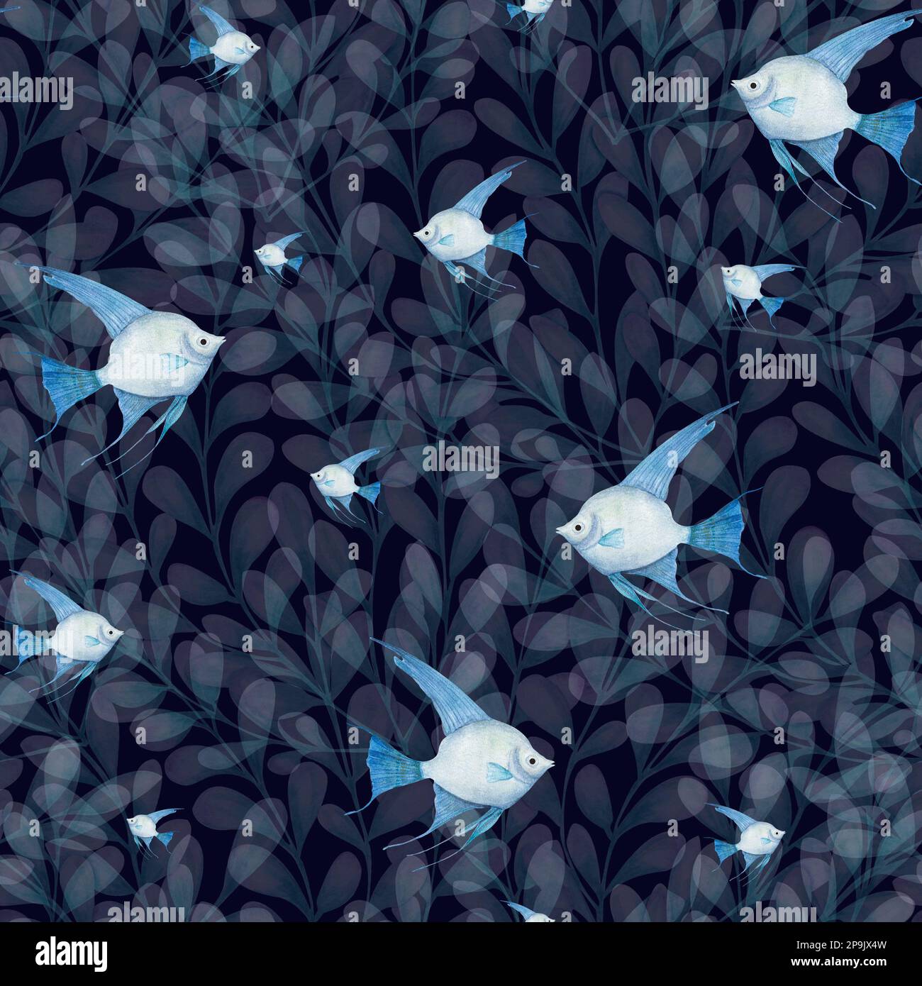 Watercolor seamless pattern of blue angelfish, seaweeds isolated on ...