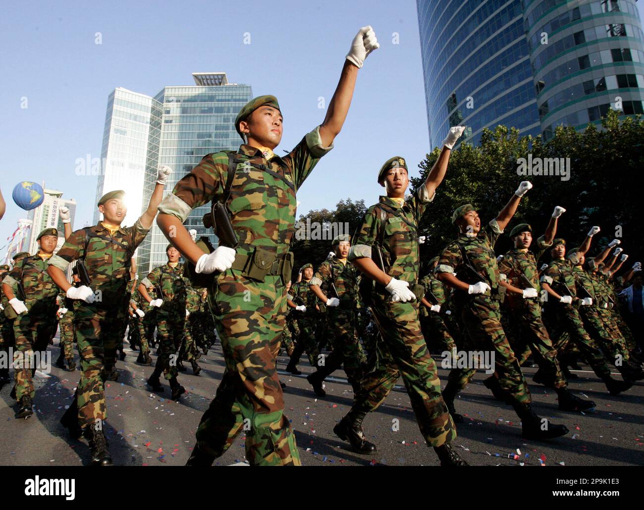 South Korean soldiers march during a ceremony marking the 60th ...