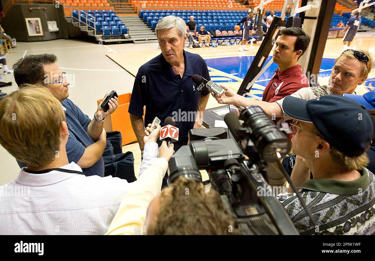 Utah Jazz head coach Jerry Sloan talks with the media before basketball ...