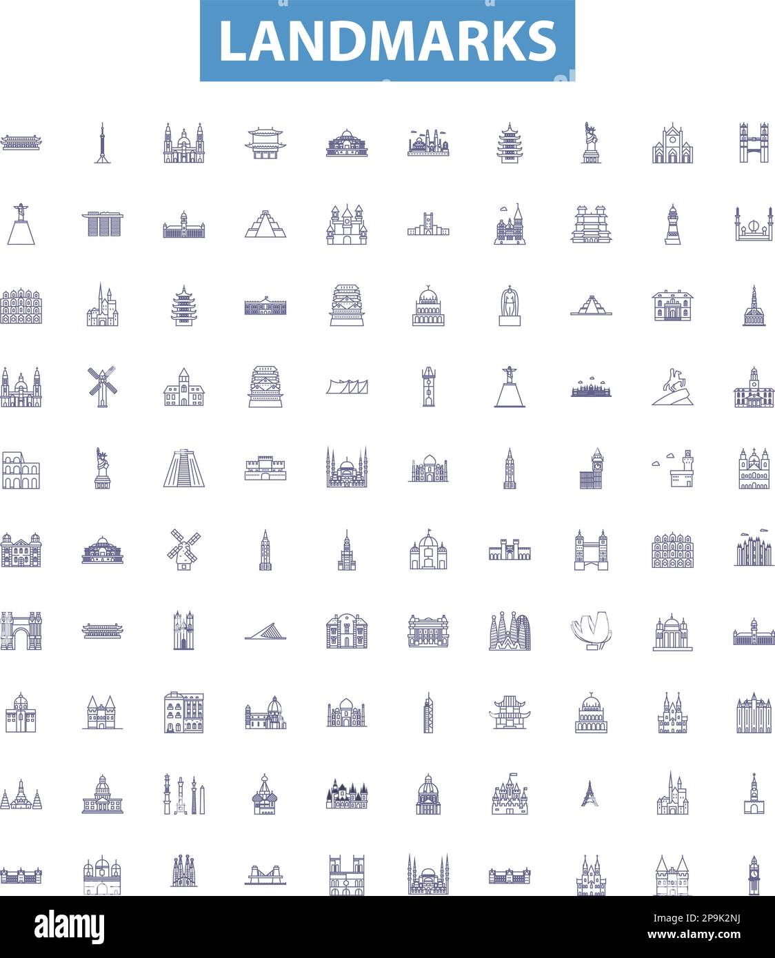 Landmarks line icons, signs set. Monuments, Statues, Structures ...