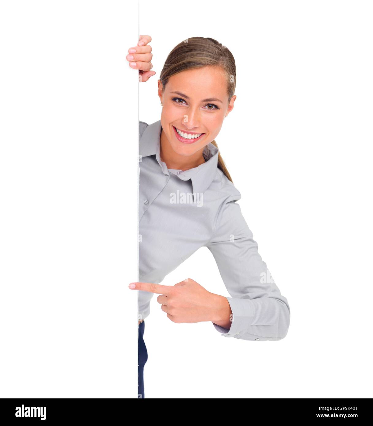 Portrait brunette woman pointing behind hi-res stock photography and ...