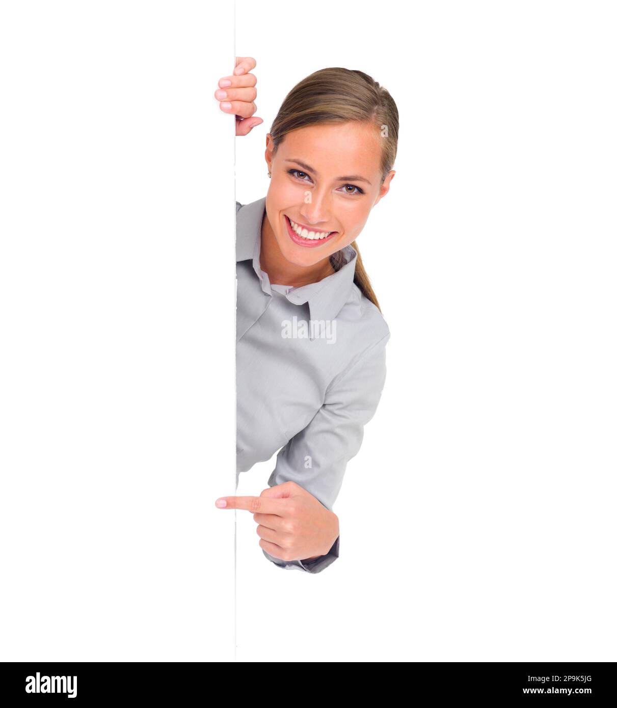 Portrait brunette woman pointing behind hi-res stock photography and ...
