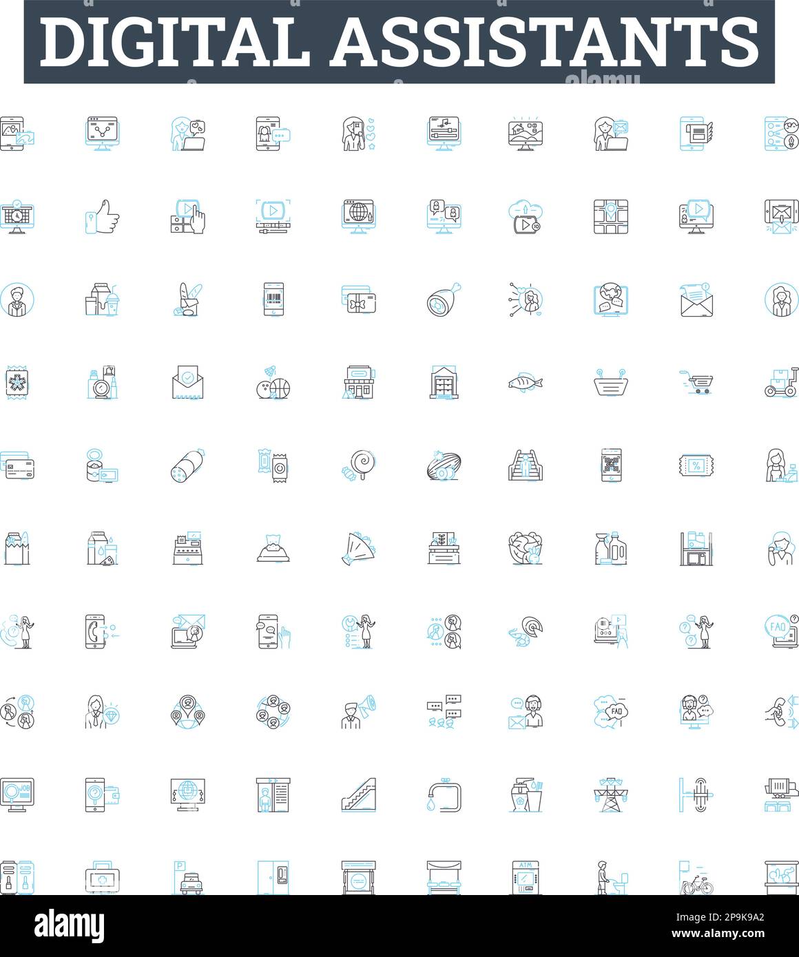 Digital assistants vector line icons set. AI, Chatbot, Cortana, Alexa, Siri, Assistant, Digital ...