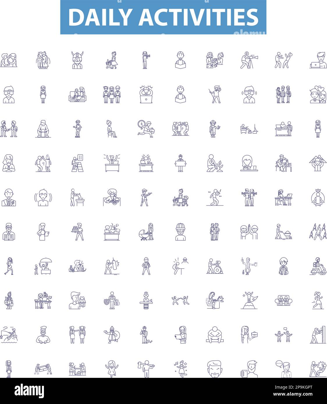 Daily activities line icons, signs set. Routine, Exercise, Work, Study, Commute, Eating ...