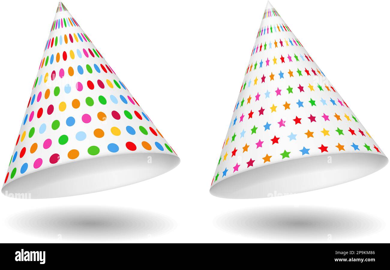 Two party hats with circles and stars on white background, vector eps10 ...