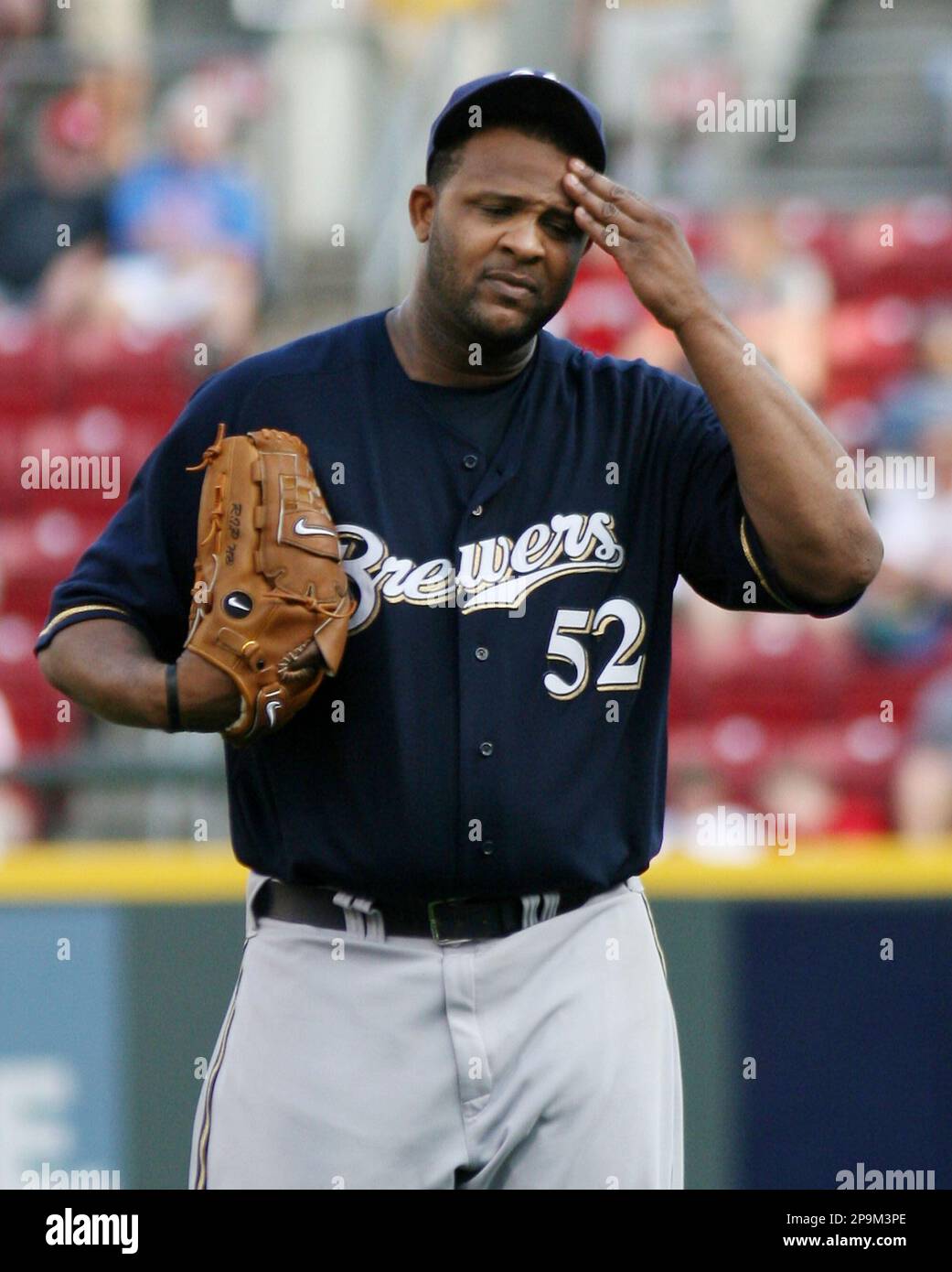 Milwaukee Brewers' CC Sabathia reacts after giving up a two-run single ...
