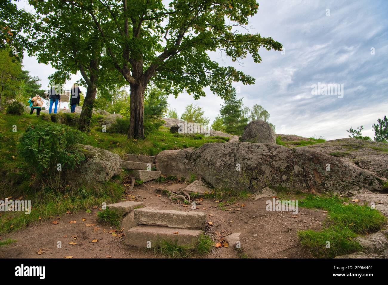 Stone ladder among trees in Park Mon Repos, Vyborg, Russia Stock Photo ...