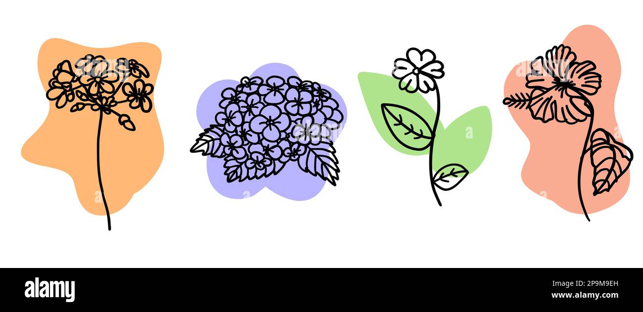 Flower in outline doodle flat style. Simple floral element plant leaves ...