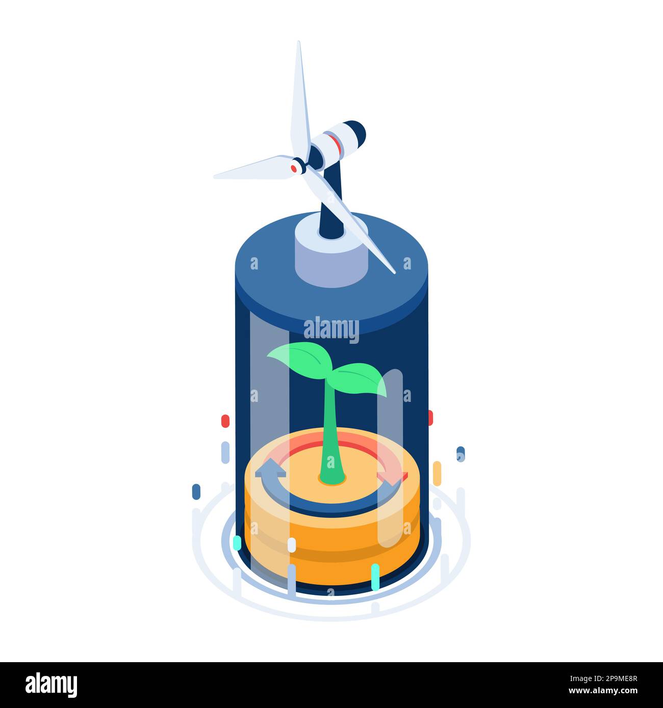 Flat 3d Isometric Battery Recharge with Green Plant and Wind Turbine ...