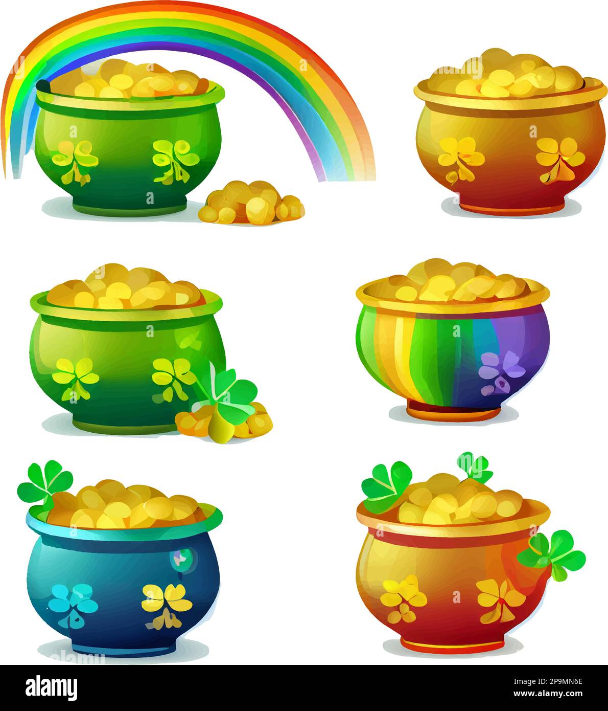 set vector illustration of gold coins iin magic pot solate on white ...