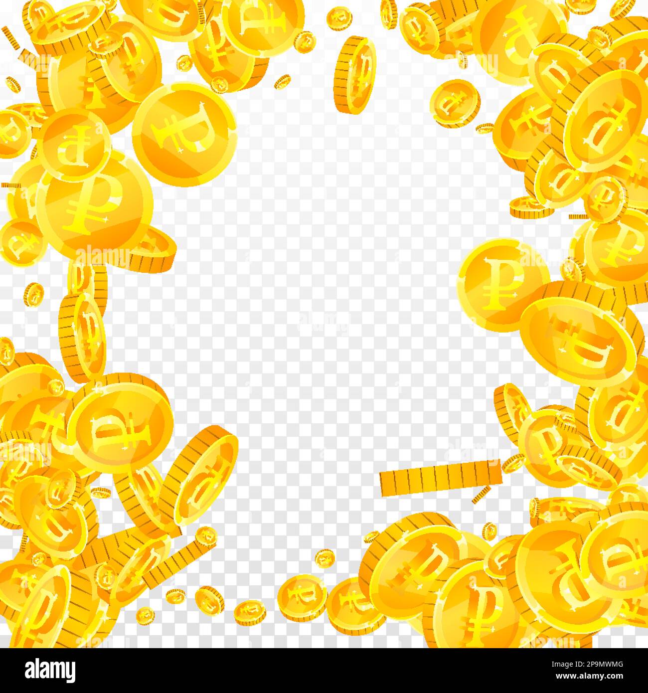 Russian ruble coins falling. Scattered gold RUB coins. Russia money ...