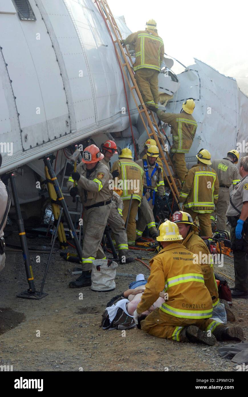 Los Angeles firefighters treat a victim of a train accident in Los ...