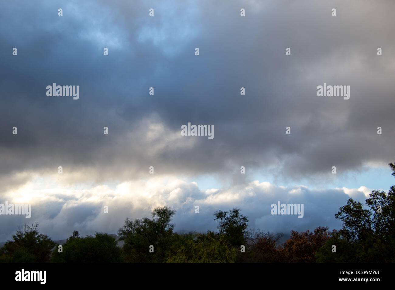 Cloudy sky above green trees on a hillside Stock Photo - Alamy