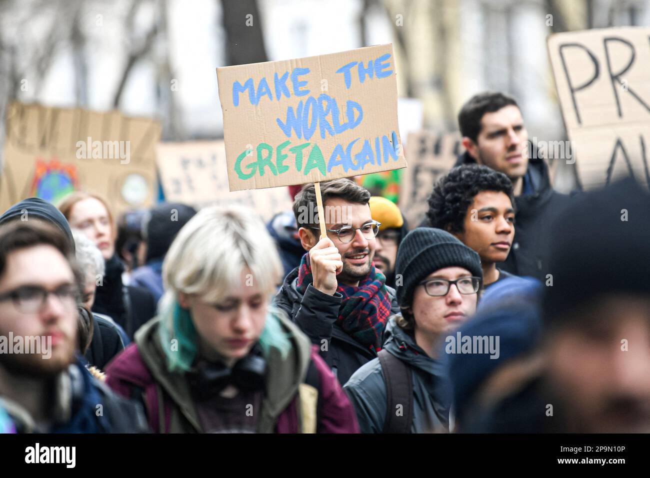 Paris, France. 10th Mar, 2023. Young demonstrators and activists hold ...