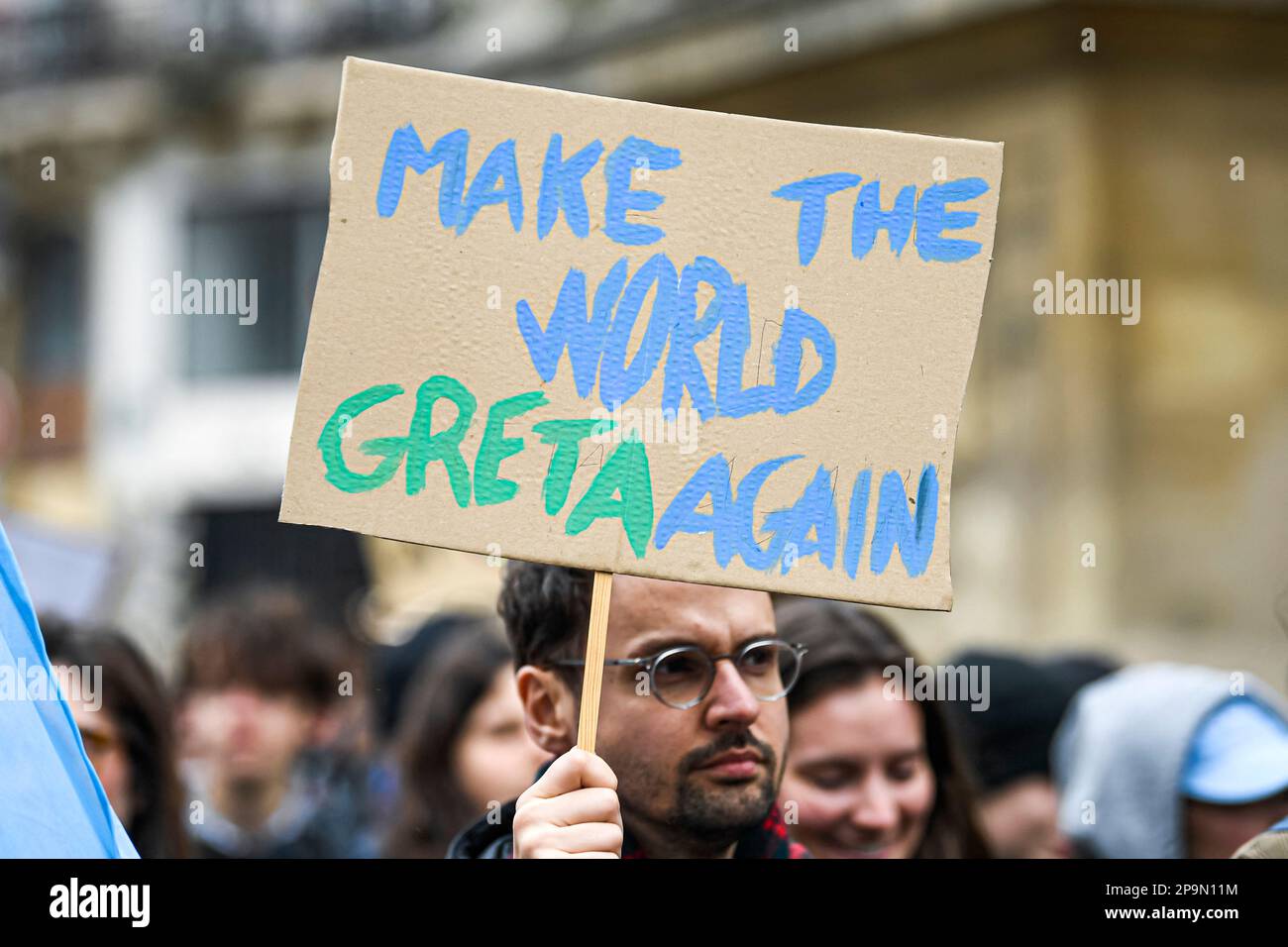 Paris, France. 10th Mar, 2023. Young demonstrators and activists hold ...