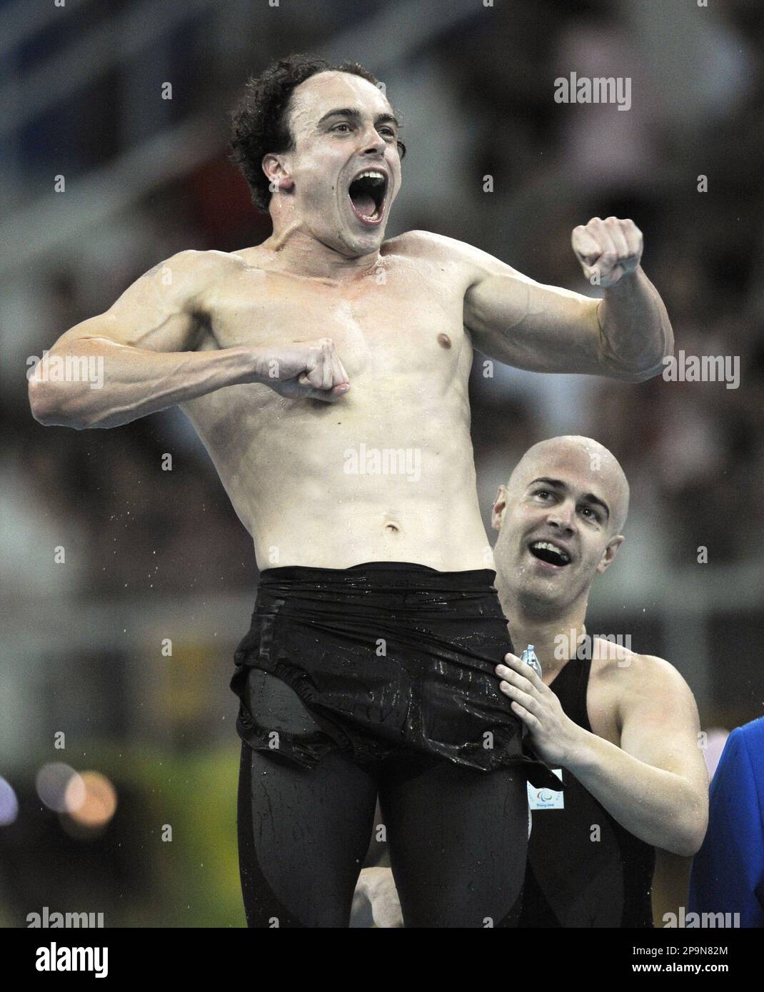British swimmers Graham Edmunds, left, and David Roberts celebrate ...