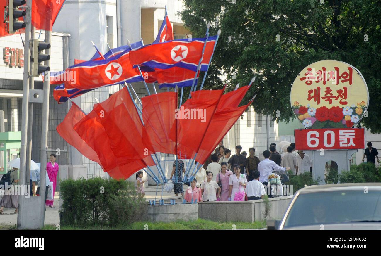 North Korean flags are seen decorated on the eve of the communist state ...
