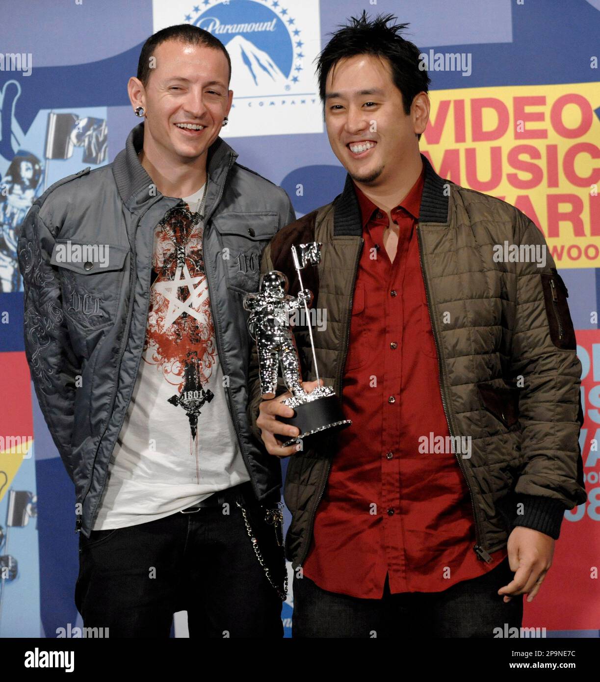 Linkin Park poses backstage at the 2008 MTV Video Music Awards held at ...