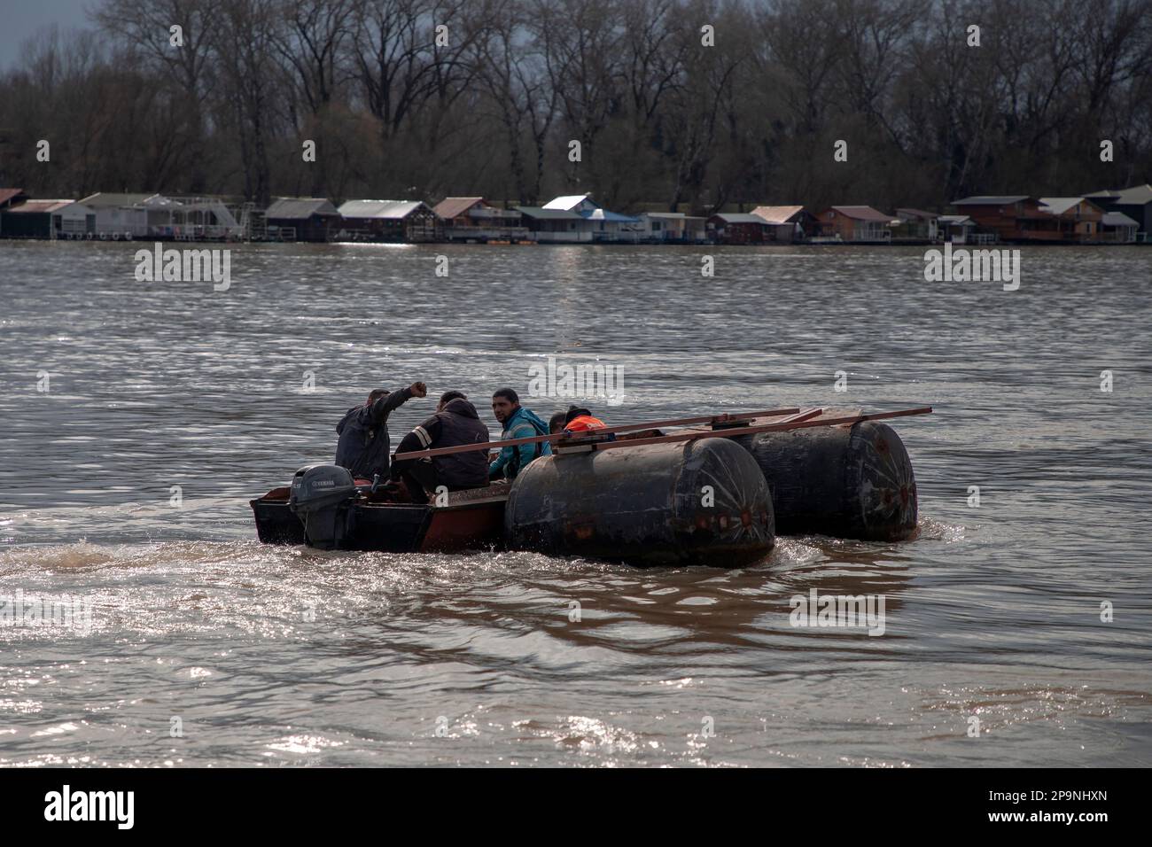 Belgrade, Serbia, Mar 8, 2023: A motorboat sailing along the River Sava ...