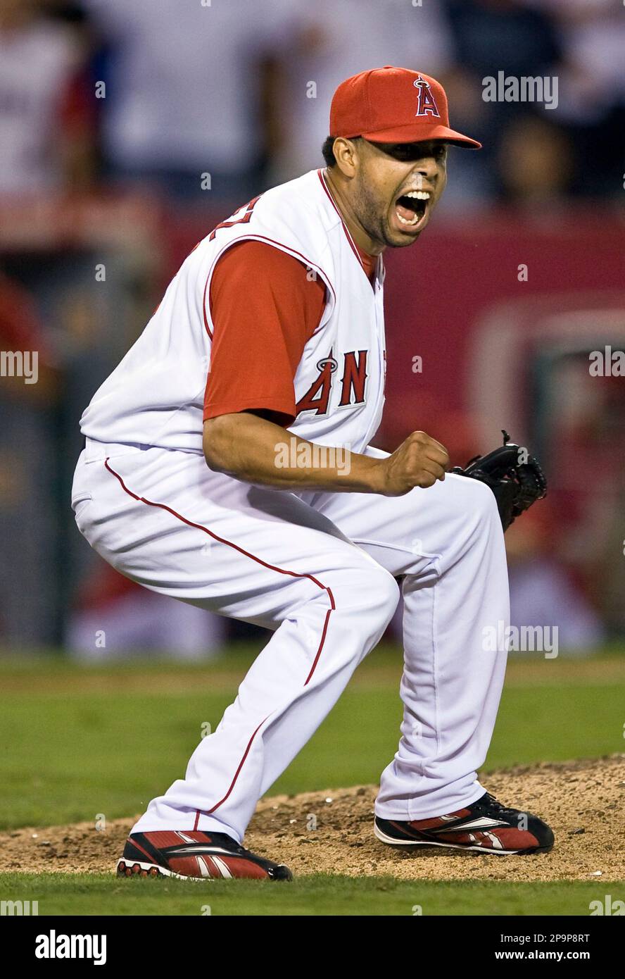 Los Angeles Angels relief pitcher Francisco Rodriguez reacts after the ...