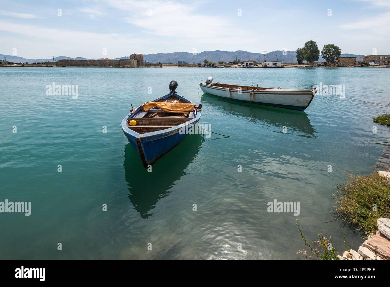 Butrint Lake Salt Lagoon with wooden boats, view from Butrint National ...