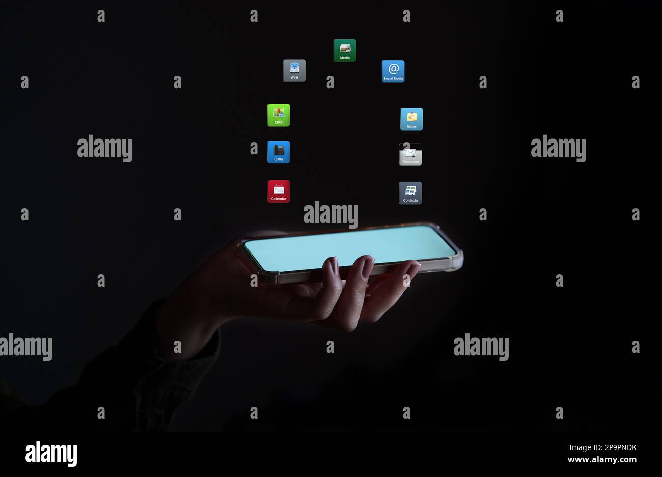 Phone app hologram, hand and mobile networking with software and ...