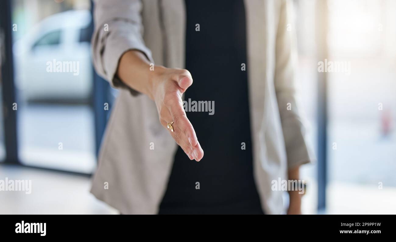 B2b, woman hand and thank you handshake of a corporate worker in a ...