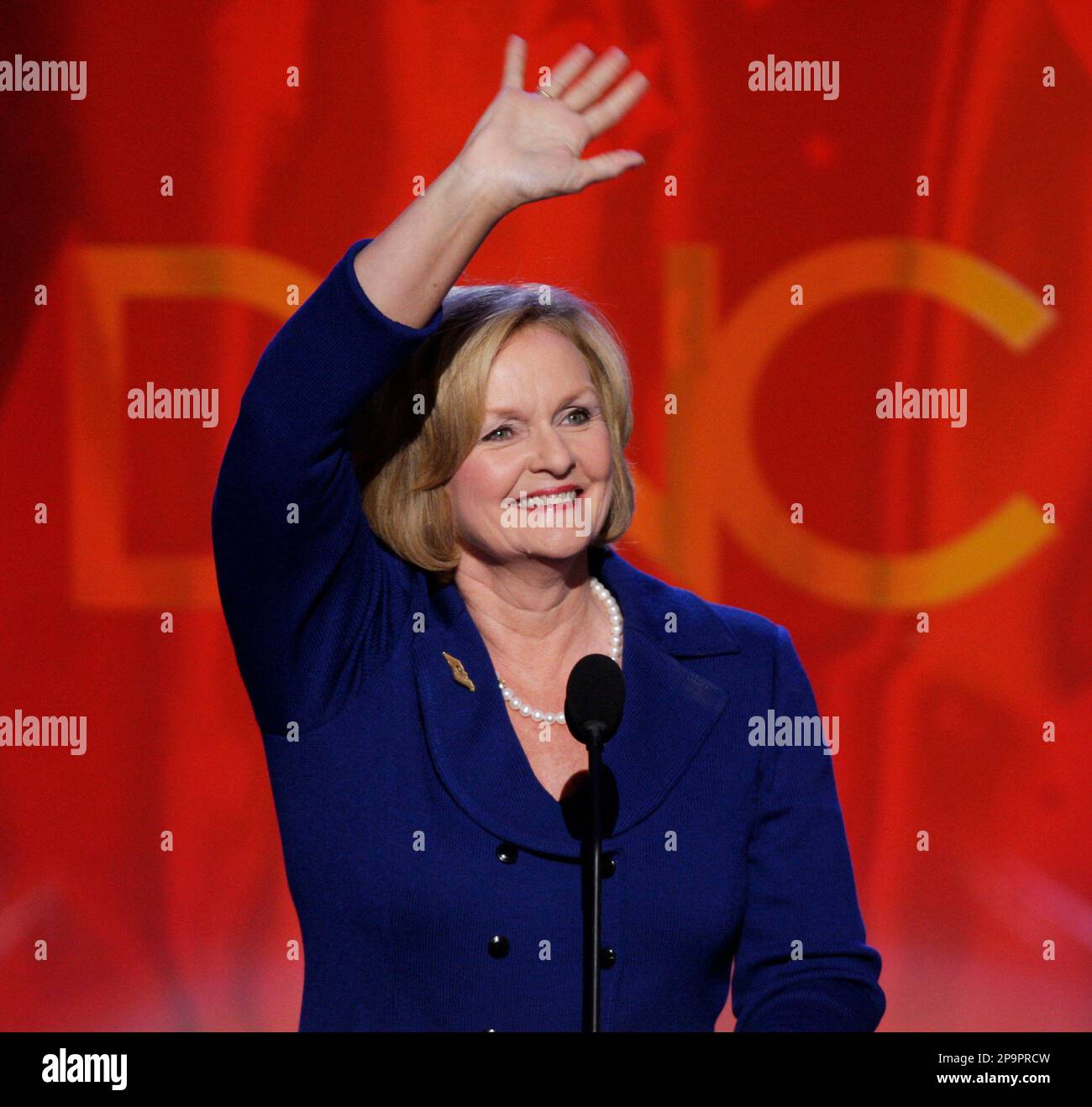 Sen. Claire McCaskill, D-Mo., waves to the crowed from the podium at ...