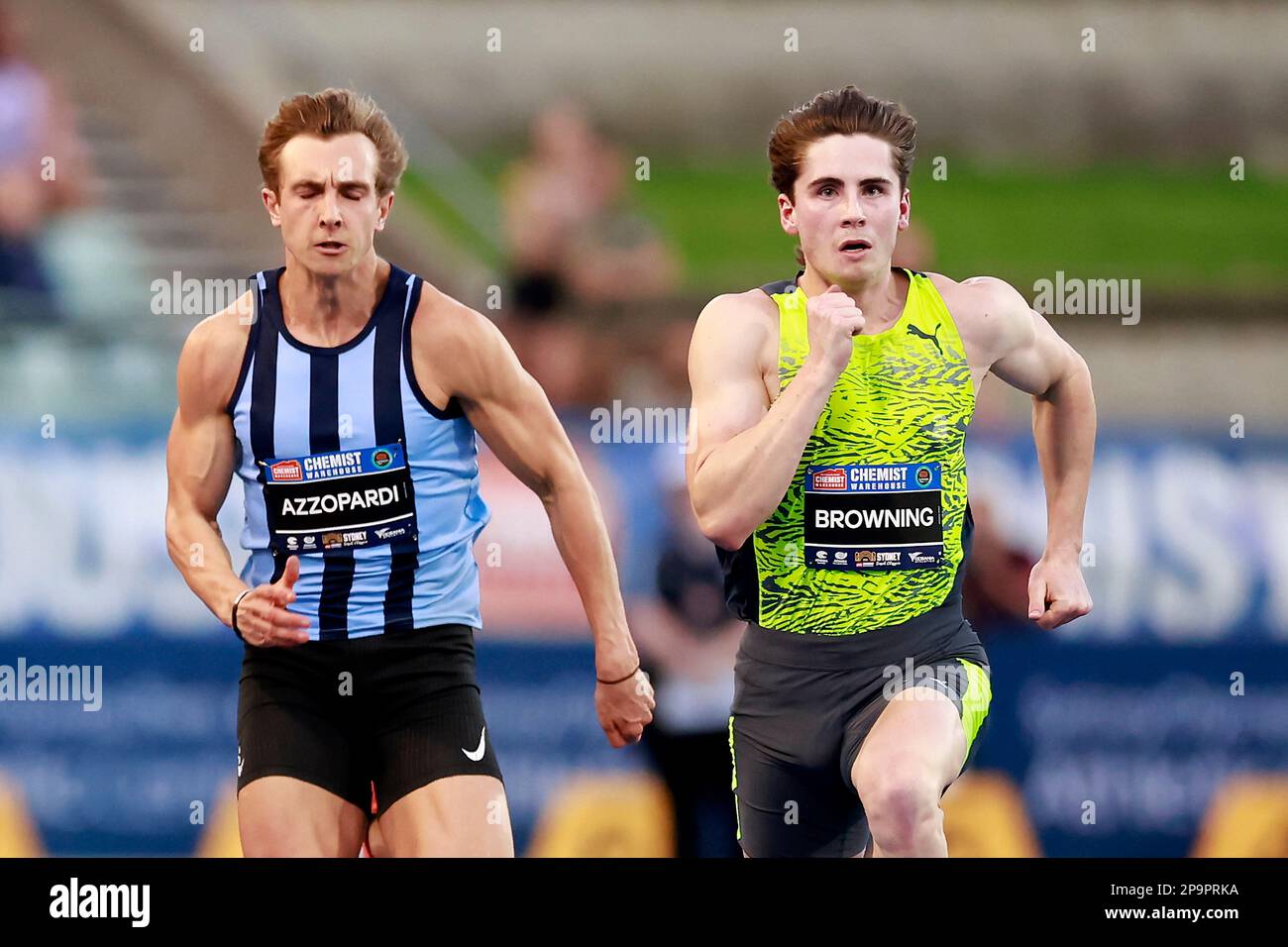 Rohan Browning of Australia (R), wins the Men 100 metresduring the 2023 ...