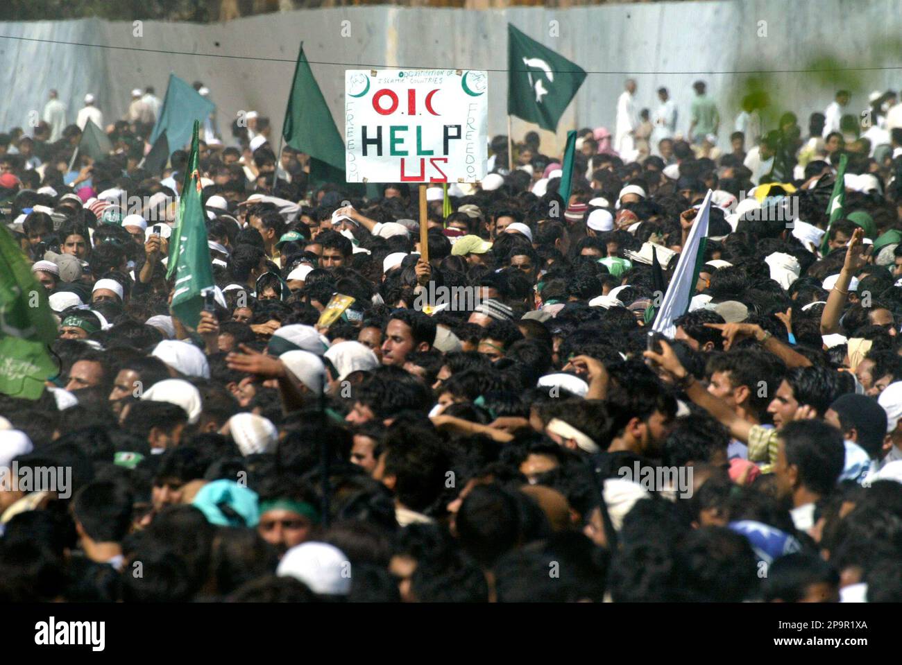 A Kashmiri Muslim holds high a placard appealing to the Organization of ...
