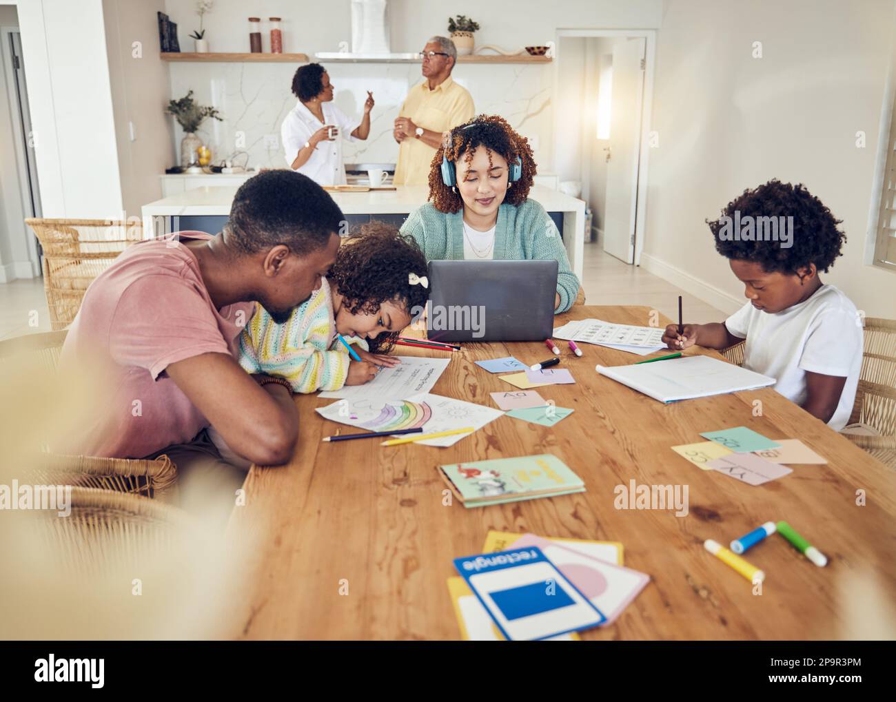 Remote work, homework and busy big family together for work, learning ...