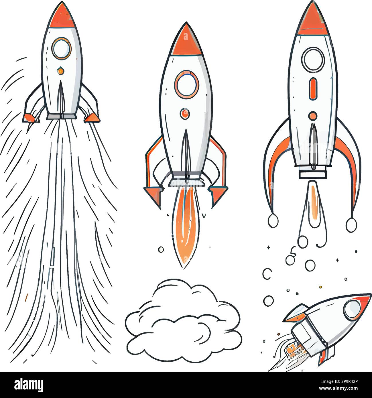 vector set illustration in cartoon line style of rocket Stock Vector ...