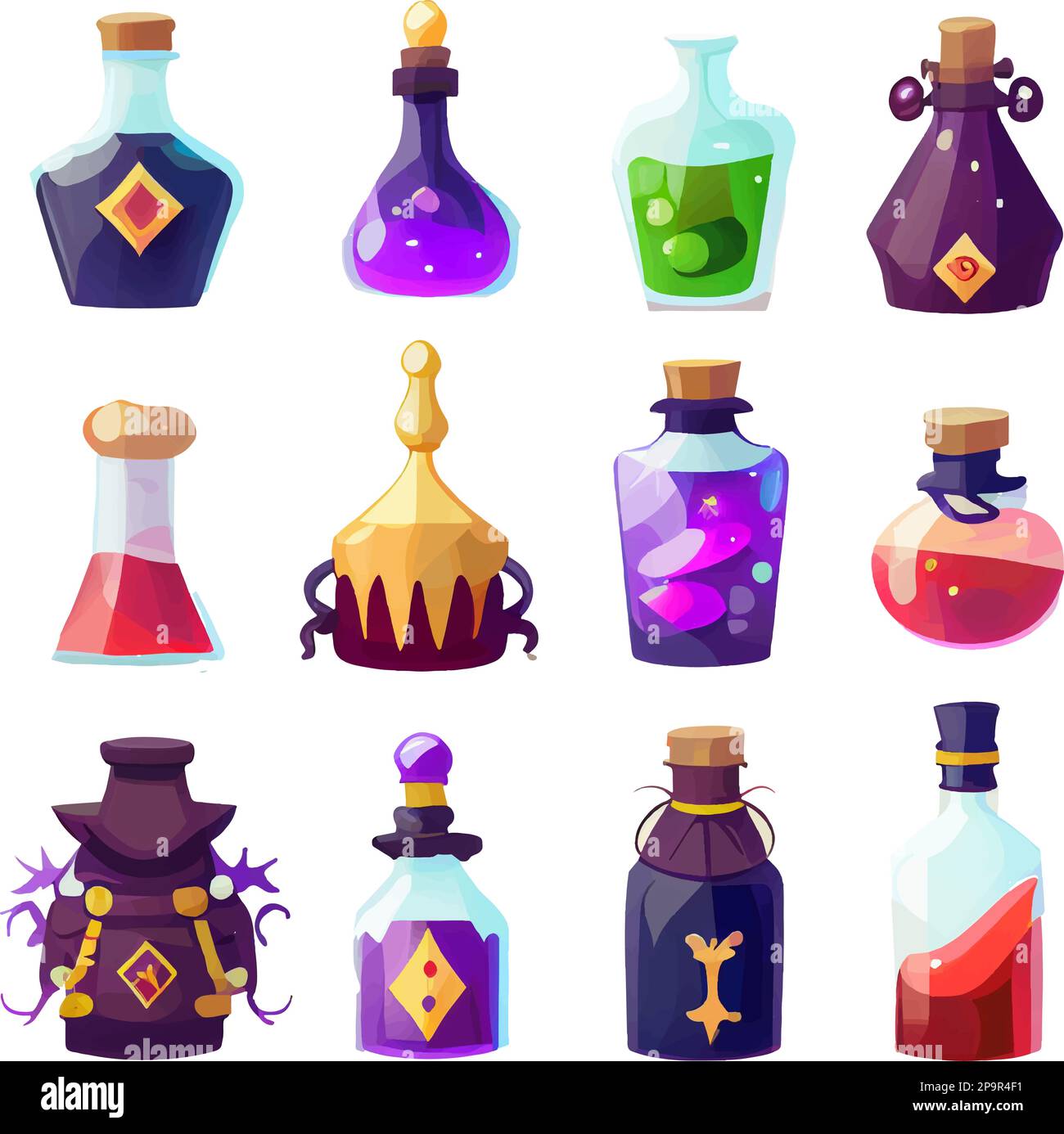 vector set illustration in cartoon style of alchemist bottles with ...