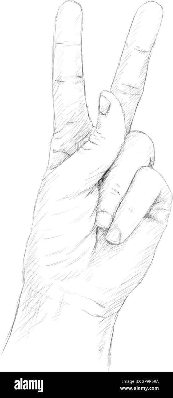 Hand with victory sign Grey pencil sketch on white background Vector ...