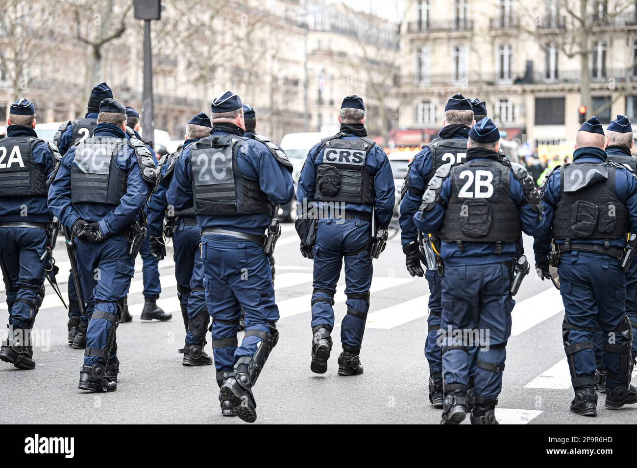 Paris, France. 10th Mar, 2023. Police men officers (CRS, policeman ...