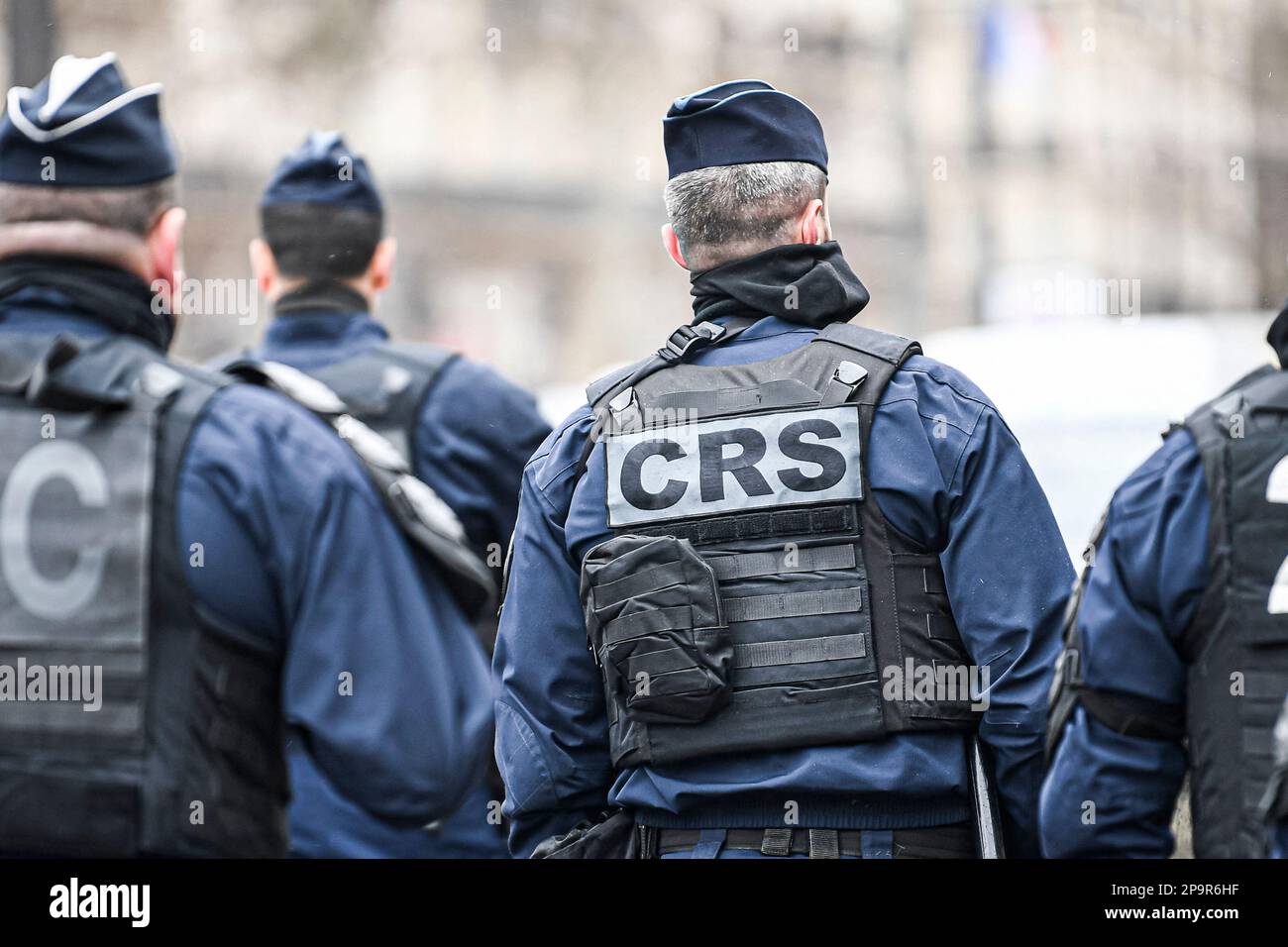 Paris, France. 10th Mar, 2023. Police men officers (CRS, policeman ...