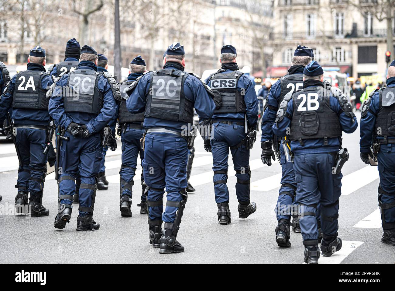 Paris, France. 10th Mar, 2023. Police men officers (CRS, policeman ...