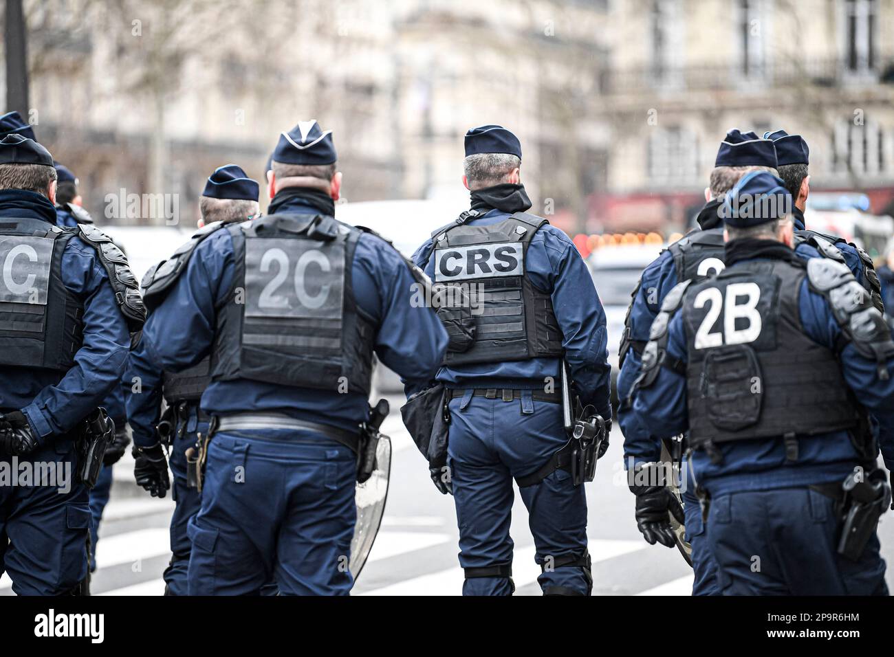 Paris, France. 10th Mar, 2023. Police men officers (CRS, policeman ...