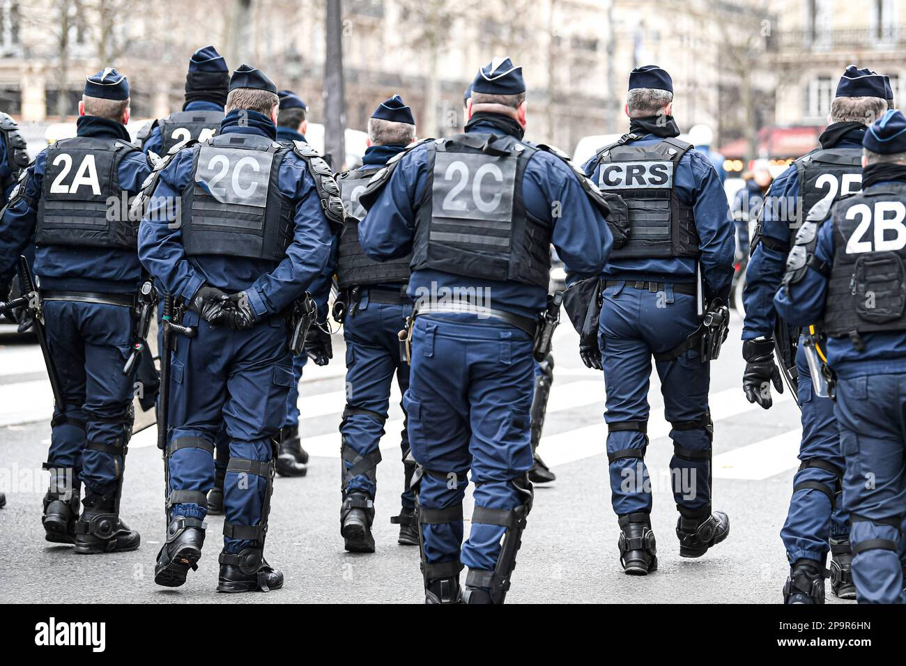 Paris, France. 10th Mar, 2023. Police men officers (CRS, policeman ...
