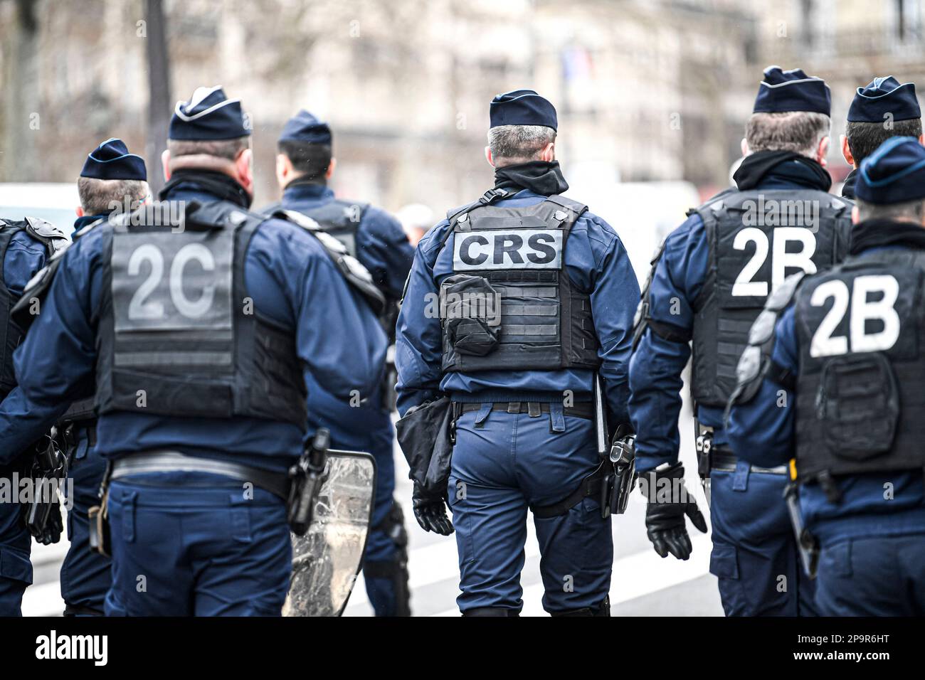 Paris, France. 10th Mar, 2023. Police men officers (CRS, policeman ...