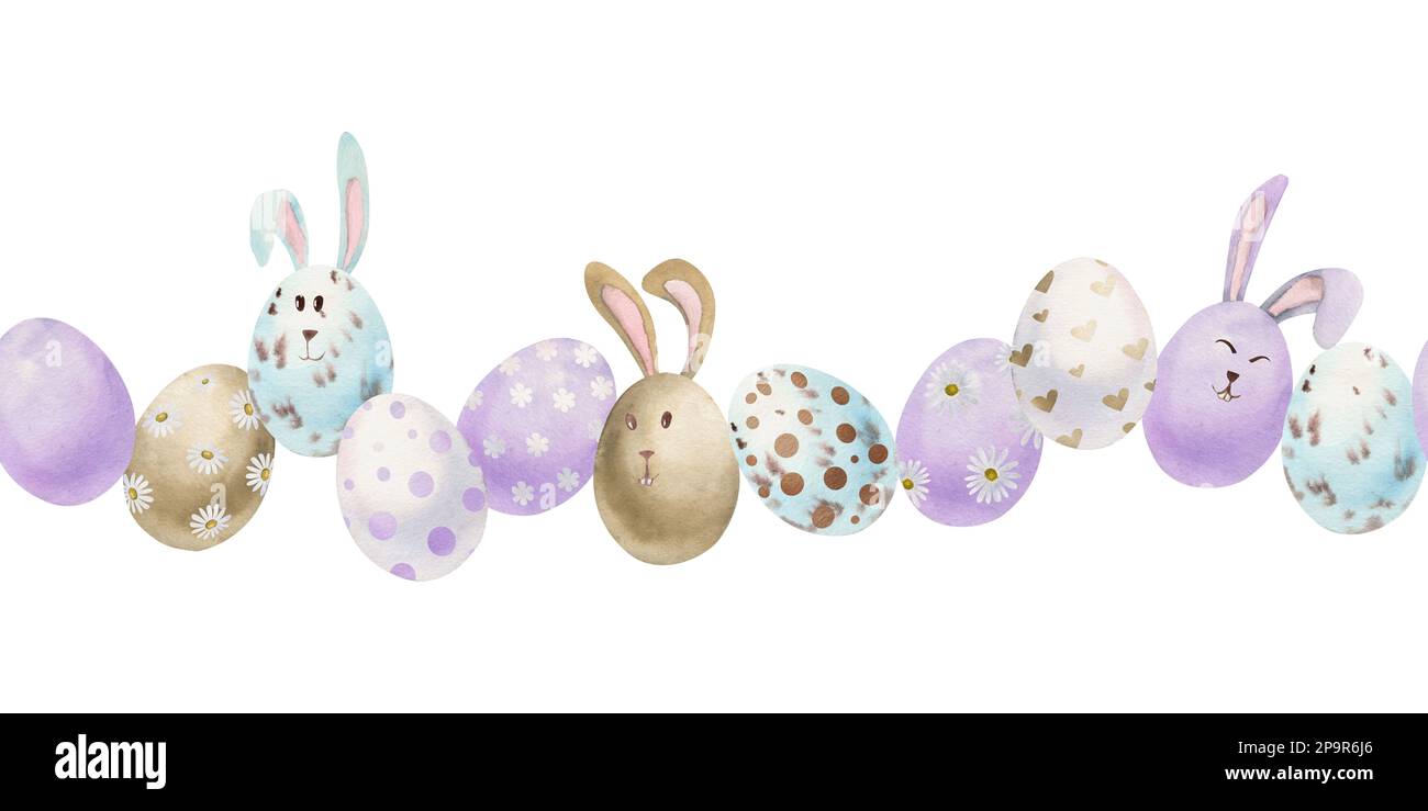 Watercolor hand drawn Easter celebration clipart. Seamless border with ...