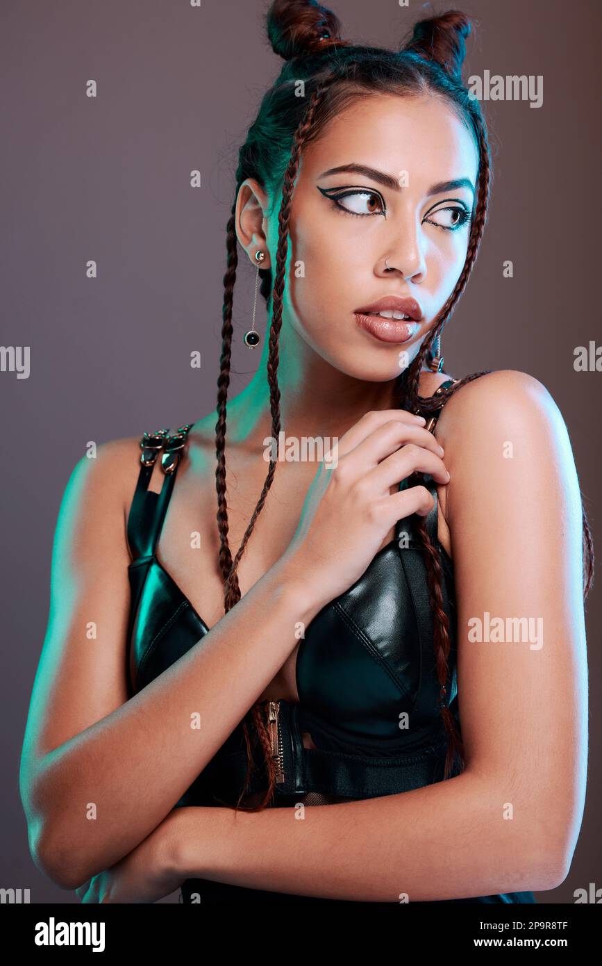 Fashion, makeup and black woman in studio with gen z aesthetic, punk ...