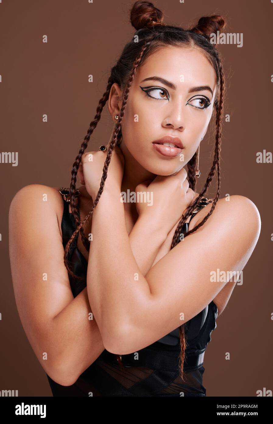 Makeup, fashion and black woman in studio with gen z aesthetic, punk ...