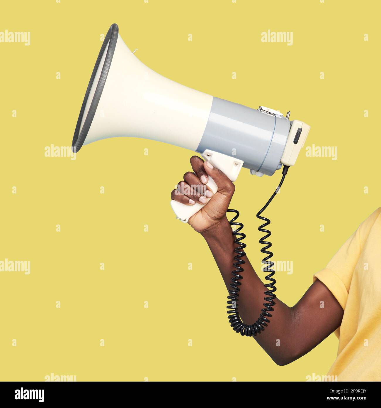 Black woman, hands and megaphone on mockup for announcement ...