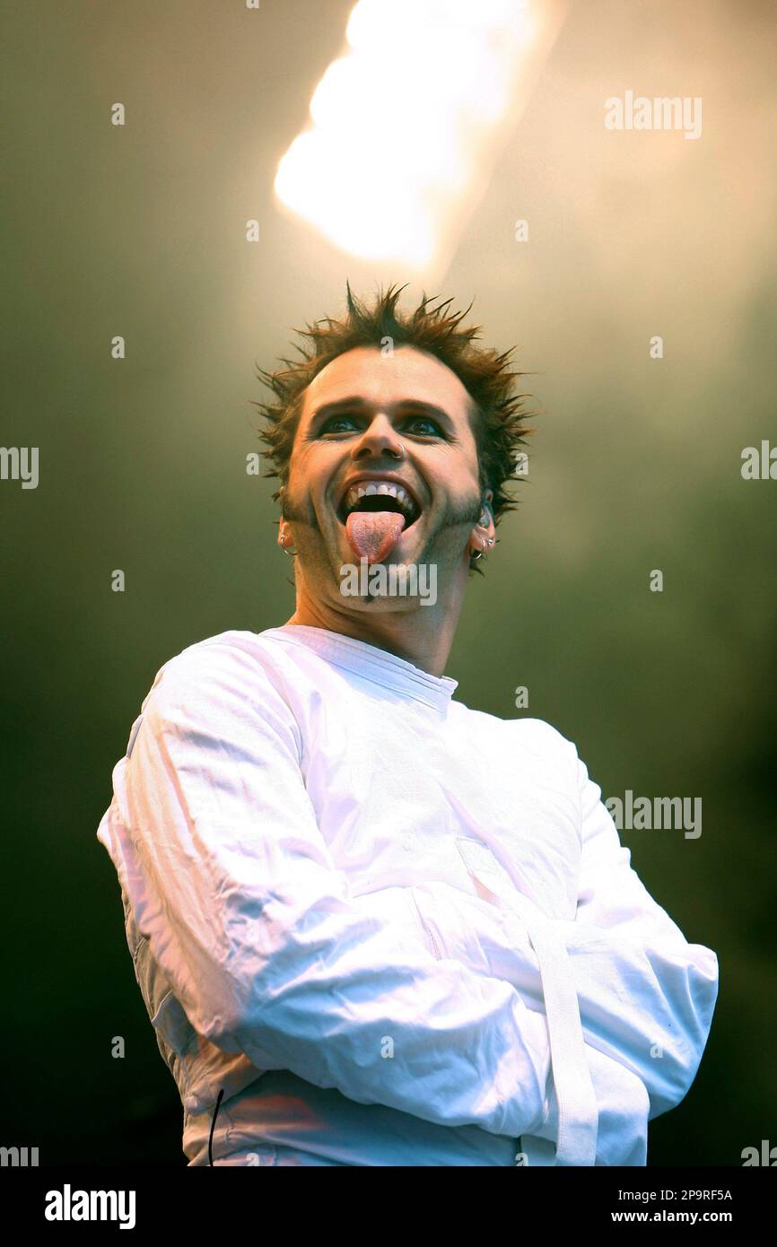 Dero, singer of German rock band Oomph! performs on the main stage ...