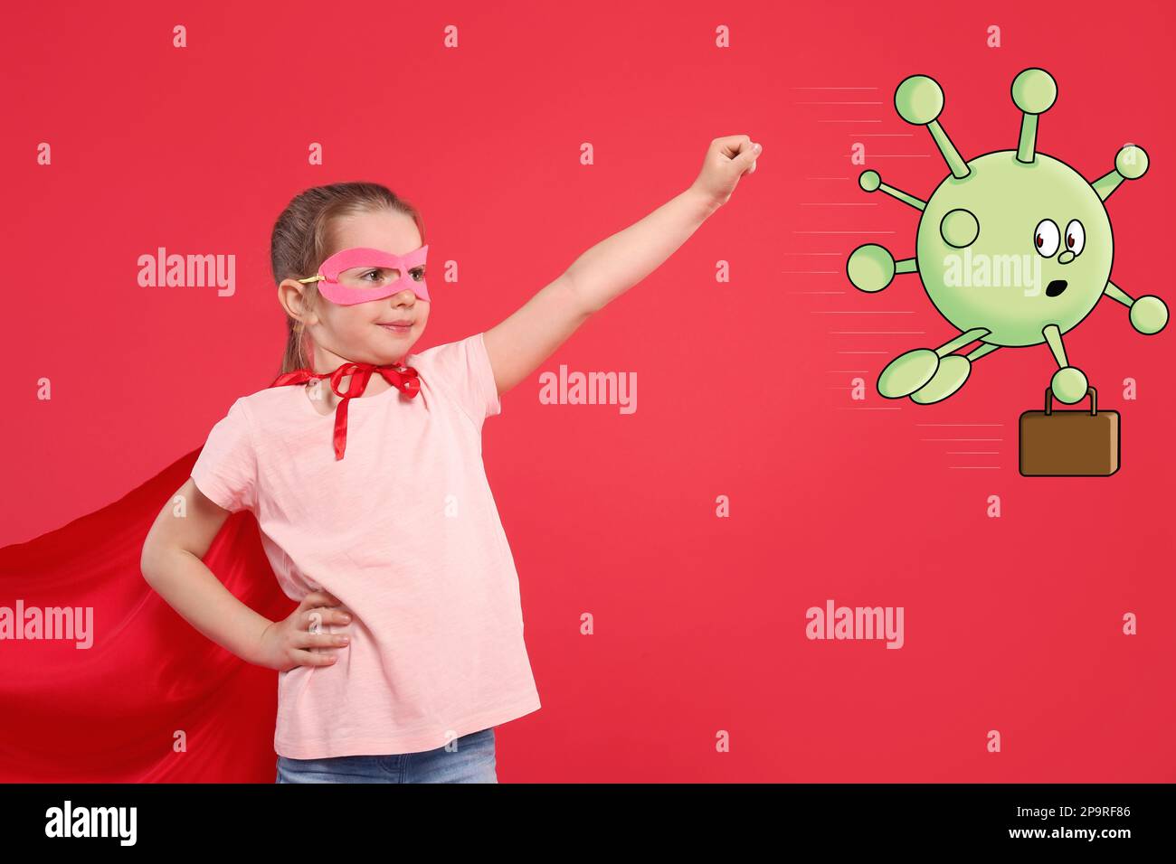 Little girl wearing superhero costume won in fight against virus on red ...