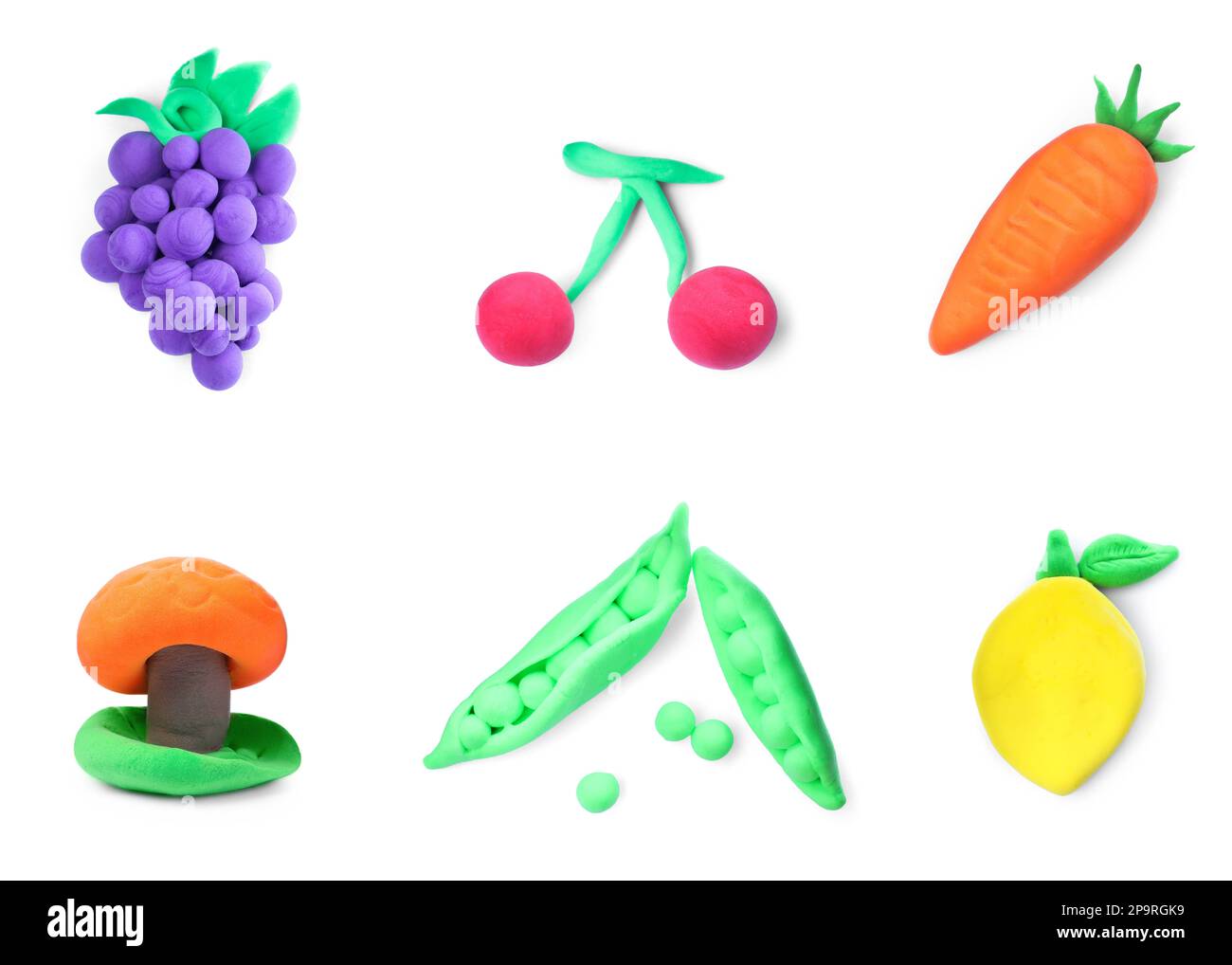 Fruits and vegetables made from playdough on white background, collage ...